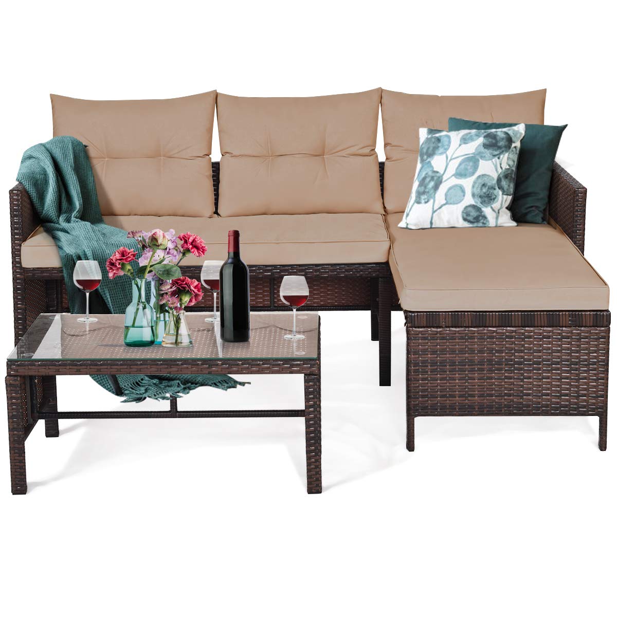 HAPPYGRILL 3-Piece Outdoor Rattan Sectional Sofa Set Patio Wicker Rattan Conversation Furniture Set, Steel Frame & Seat Cushion, Perfect for Garden Lawn Pool Backyard