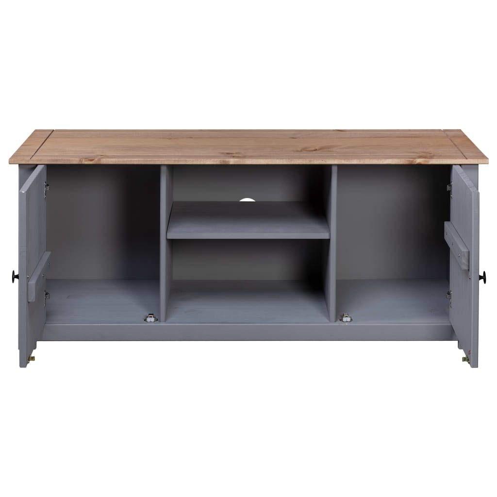 vidaXL Solid Pine Wood TV Stand - Panama Range - Gray, Retro Design, Ideal for Living Room, 47.2"x15.7"x19.7" with 2 Doors, 2 Compartments, Scandinavian Style