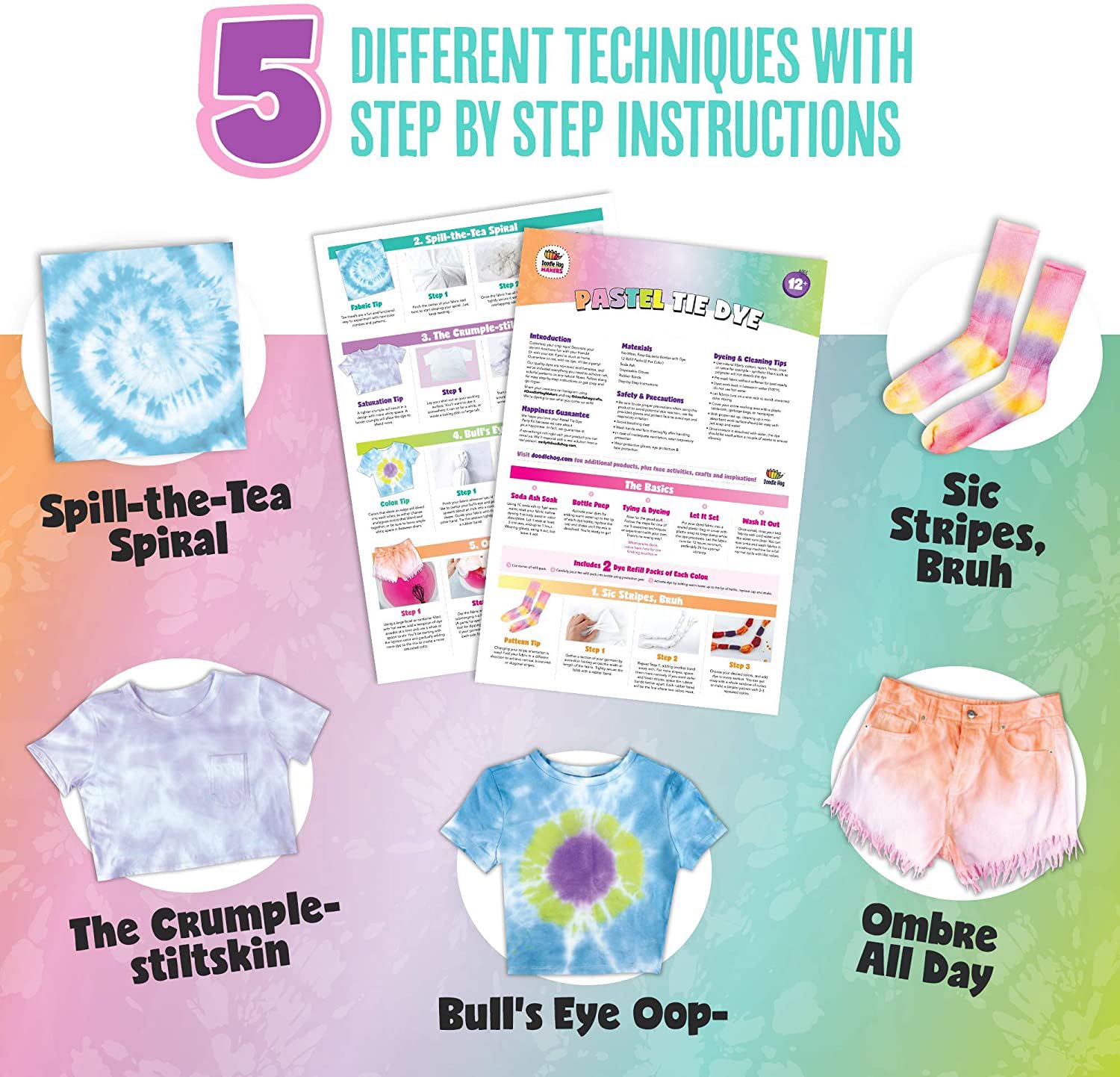 DOODLE HOG Pastel Tie Dye Kit for Large Groups, DIY Tie Dye Kit for Kids, Clothing Dye Supplies, Tie Dye Kits for Adults, 18 Full Bottles
