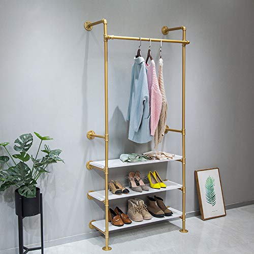 WGX Design For You Industrial Pipe Clothing Rack Wood Garment Rack Pipeline Vintage Rolling Rack On Wall(Gold)