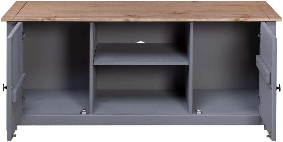 vidaXL Solid Pine Wood TV Stand - Panama Range - Gray, Retro Design, Ideal for Living Room, 47.2"x15.7"x19.7" with 2 Doors, 2 Compartments, Scandinavian Style
