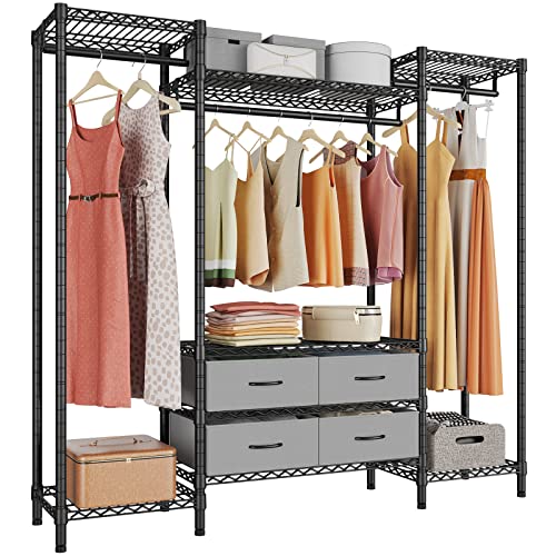 VIPEK V20 Wire Garment Rack Heavy Duty Clothes Rack, Metal Clothing Rack with 6 Shelves, 3 Hang Rods & 4 Fabric Drawers, Compact Freestanding Closet Wardrobe, 56.7" L x 14.6" W x 70.9" H, Black