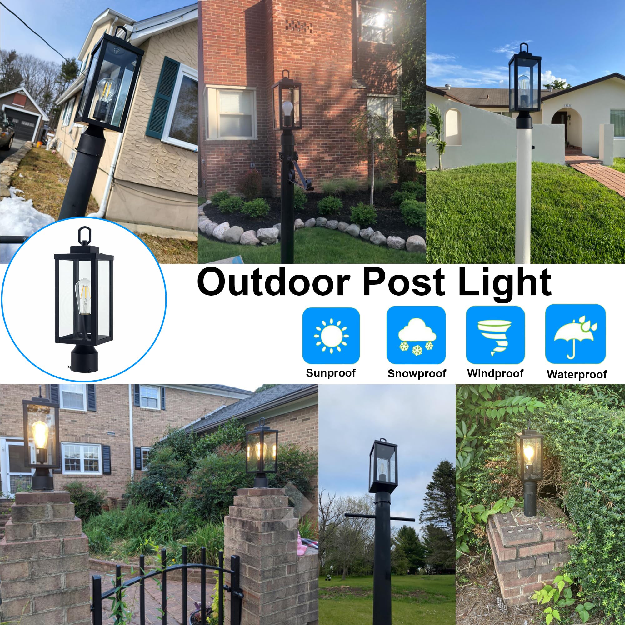 YaoKuem Outdoor Post Light, Pole Lantern, E26 Base 60W Max, Metal Housing Plus Glass, Wet Location Rated, Bulbs not Included, Matte Black, 1 Pack