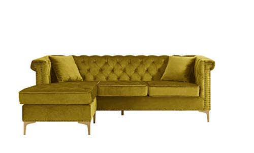 Iconic Home Levin Left Hand Facing Sectional Sofa L Shape Chaise Velvet Button Tufted Rolled Arm with Nail Head Trim Tone Metal Y-Leg with 2 Accent Pillows Modern Contemporary, Gold