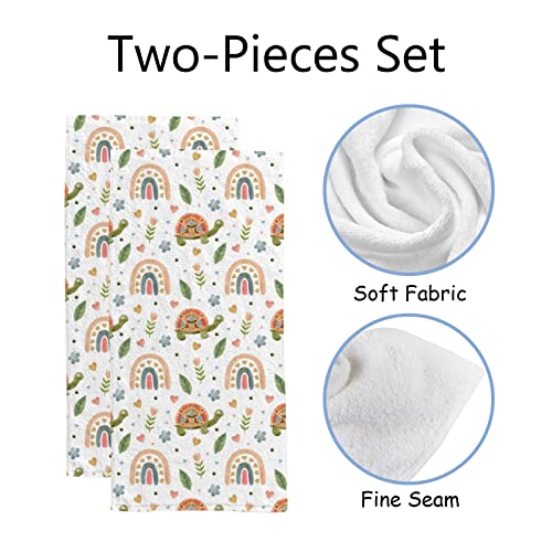 Hand Bath Towels 2 Pack Turtle Rainbow Flower Leave Absorbent Face Fingertip Towels for Bathroom Kitchen Gym Spa Soft Hair Drying Cloth Quick Dry, 30 x 15 Inch