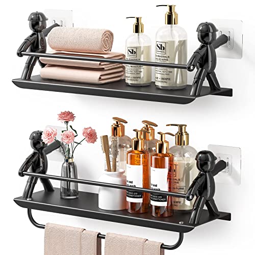 coorack Shower Caddy Floating Wall Shelves, COORACK 2 Pack Metal Hanging Shelf No Drilling Adhesive Wall Mounted Bathroom Shelf Black Floating Shelves Floating Shelves