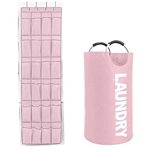 Gorilla Grip Over The Door Mesh Pocket Shoe Organizer and Laundry Basket, 24 Pocket Shoe Organizer and 115L Laundry Basket both in Pink Color, 2 item Bundle