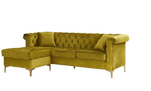 Iconic Home Levin Left Hand Facing Sectional Sofa L Shape Chaise Velvet Button Tufted Rolled Arm with Nail Head Trim Tone Metal Y-Leg with 2 Accent Pillows Modern Contemporary, Gold