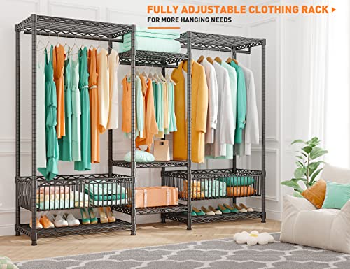 Raybee 77" H Clothes Rack Heavy Duty Clothing Racks for Hanging Clothes with Basket Drawers Load 850 LBS 75" Wide Large Clothes Rack with Shelves Adjustable Wire Garment Rack Free Standing Closet