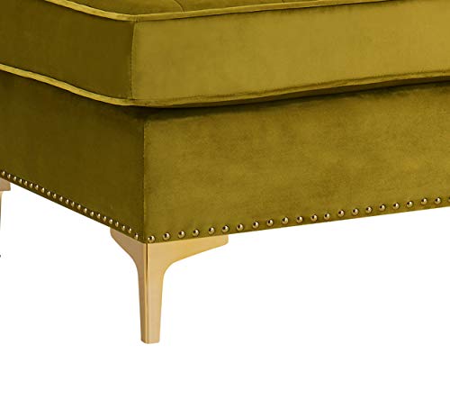 Iconic Home Levin Left Hand Facing Sectional Sofa L Shape Chaise Velvet Button Tufted Rolled Arm with Nail Head Trim Tone Metal Y-Leg with 2 Accent Pillows Modern Contemporary, Gold