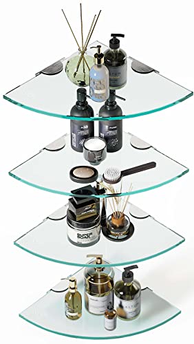 AlaKong Set of 4 Bathroom Corner Glass Shelf Tempered Glass Shelves for Shower Wall Corner Caddy Basket Triangle Wall Shower Shelf Shampoo Bottle Holder No Drilling Adhesive Wall Mount Bathroom Shelf