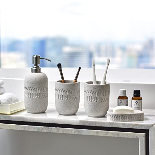 Lilyang Grey Ceramic Bathroom Accessories Set, 4 Pcs Bathroom Accessory Set with Soap Dispenser, 2 Bathroom Tumblers and Soap Dish, Premium Accesorios para Baño for Bathroom Decor
