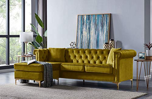 Iconic Home Levin Left Hand Facing Sectional Sofa L Shape Chaise Velvet Button Tufted Rolled Arm with Nail Head Trim Tone Metal Y-Leg with 2 Accent Pillows Modern Contemporary, Gold