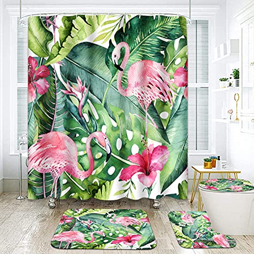 Britimes 4 Piece Shower Curtain Sets, with 12 Hooks, Tropical Leaf Flamingo with Non-Slip Rugs, Toilet Lid Cover and Bath Mat, Durable and Waterproof, for Bathroom Decor Set, 72" x 72"