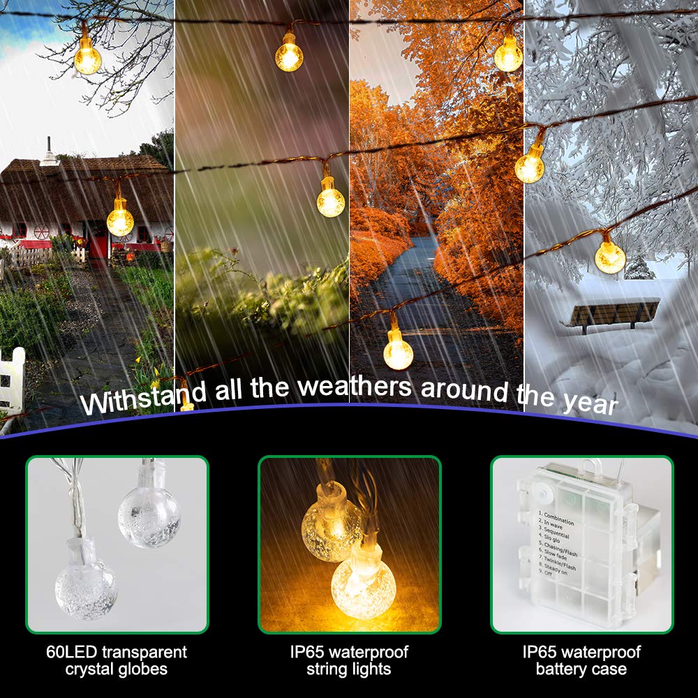 Metaku Globe String Lights Fairy Battery Operated 26ft 60LED with Remote Waterproof Indoor Outdoor Hanging Decorative Christmas for Home Party Patio Garden Wedding