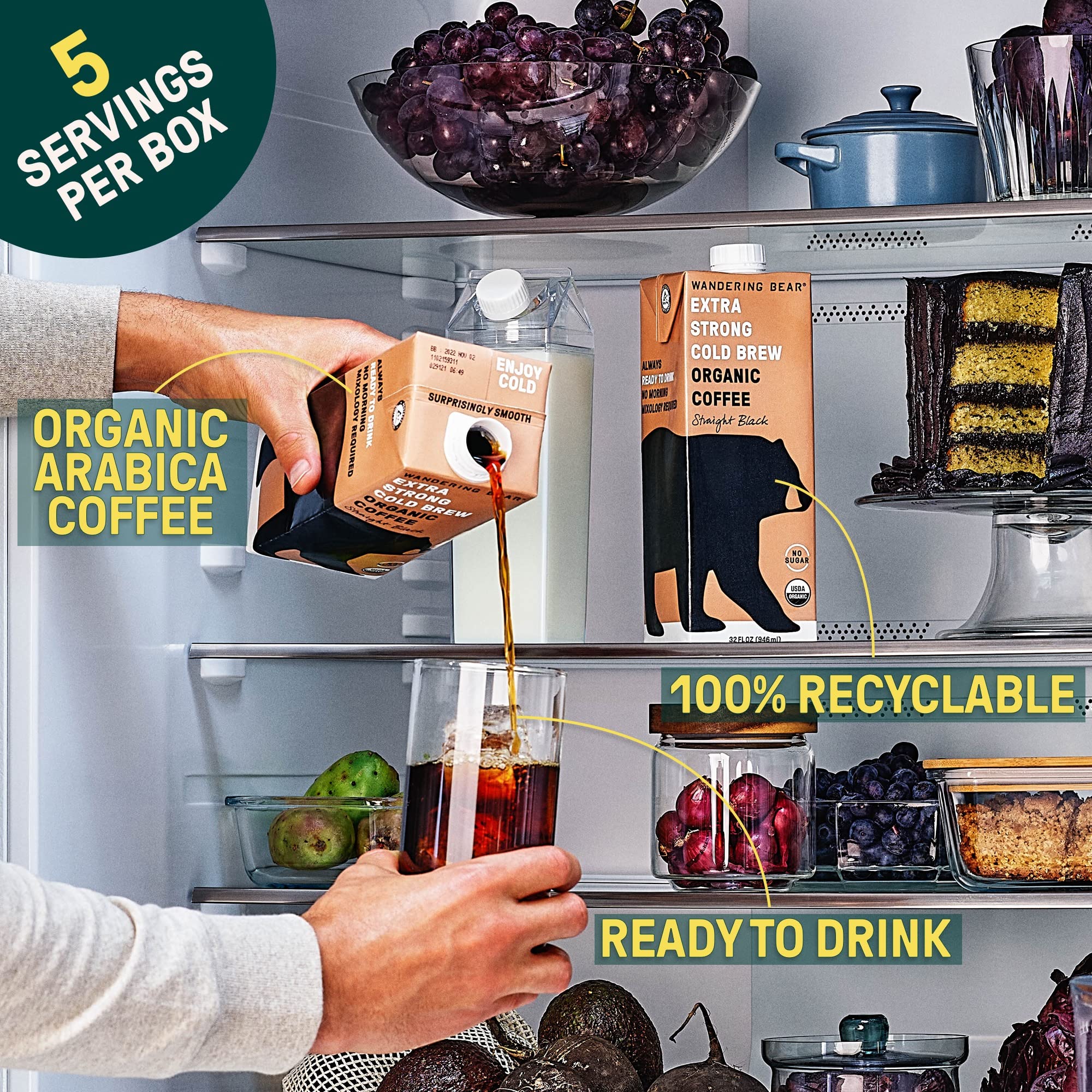 Wandering Bear Straight Black Organic Cold Brew Coffee, Iced Coffee, 32 fl oz, 6 pack - Extra Strong, Smooth, Unsweetened, Shelf-Stable, Ready to Drink, Cold Brewed Coffee, Cold Coffee