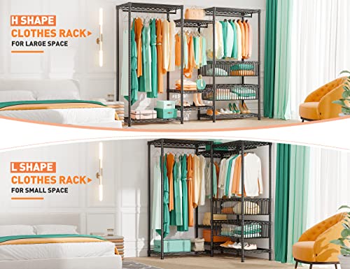 Raybee 77" H Clothes Rack Heavy Duty Clothing Racks for Hanging Clothes with Basket Drawers Load 850 LBS 75" Wide Large Clothes Rack with Shelves Adjustable Wire Garment Rack Free Standing Closet