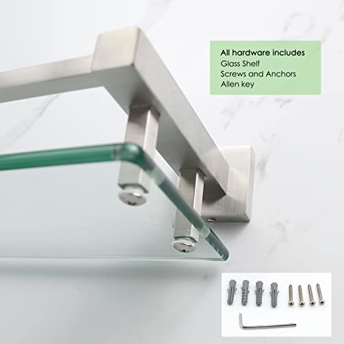Bathroom Shelves Rectangle Tempered Glass Shelf SUS304 Stainless Steel with rail Lavatory Shower Caddy Floating Wall-Mount Home Decor Holder,20.5x5.3 inches Brushed Finish,1 Shelf with Hardware