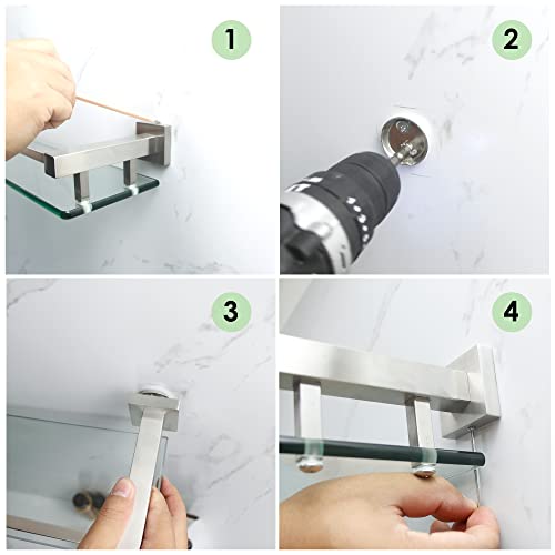 Bathroom Shelves Rectangle Tempered Glass Shelf SUS304 Stainless Steel with rail Lavatory Shower Caddy Floating Wall-Mount Home Decor Holder,20.5x5.3 inches Brushed Finish,1 Shelf with Hardware