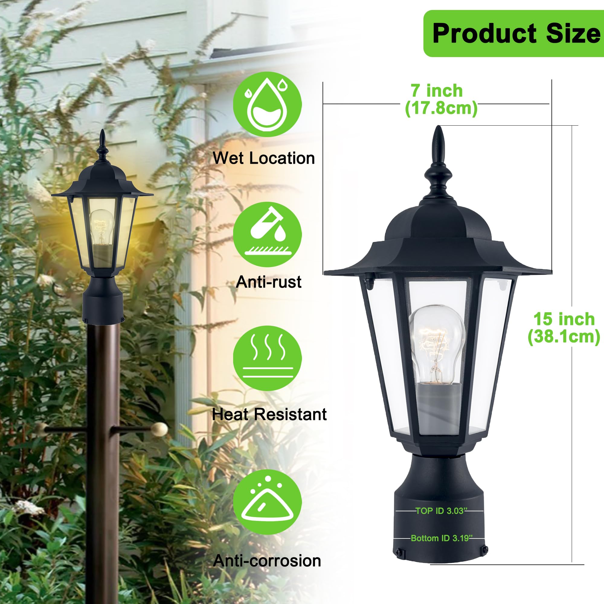 YaoKuem Outdoor Post Light, Pole Lantern, E26 Base 60W Max, Aluminum Housing Plus Glass, Wet Location Rated, Bulbs not Included, Matte Black, 1 Pack