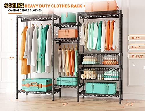 Raybee 77" H Clothes Rack Heavy Duty Clothing Racks for Hanging Clothes with Basket Drawers Load 850 LBS 75" Wide Large Clothes Rack with Shelves Adjustable Wire Garment Rack Free Standing Closet
