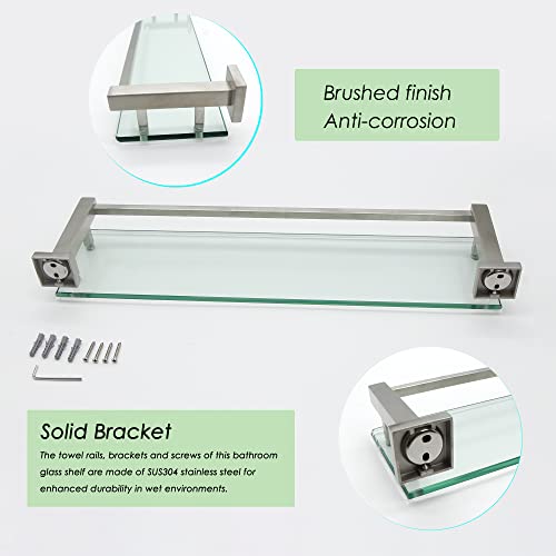 Bathroom Shelves Rectangle Tempered Glass Shelf SUS304 Stainless Steel with rail Lavatory Shower Caddy Floating Wall-Mount Home Decor Holder,20.5x5.3 inches Brushed Finish,1 Shelf with Hardware