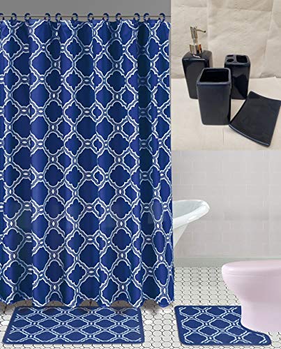 GorgeousHomeLinen Honey Comb 19pc Complete Bathroom Bath Mat Set with Shower,Hooks and Ceramic Accesories in 2-Tone Colors (Navy Blue)