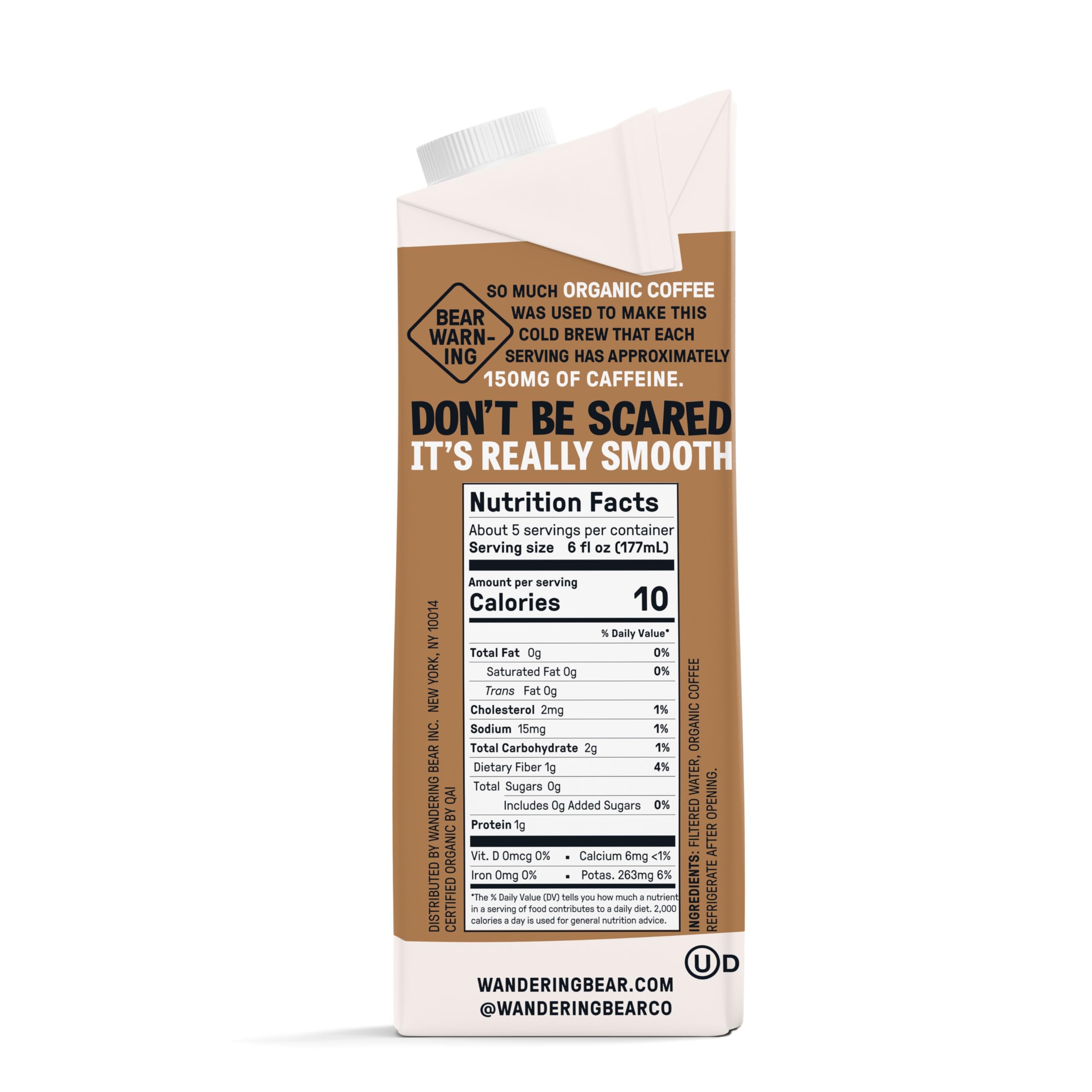 Wandering Bear Straight Black Organic Cold Brew Coffee, Iced Coffee, 32 fl oz, 6 pack - Extra Strong, Smooth, Unsweetened, Shelf-Stable, Ready to Drink, Cold Brewed Coffee, Cold Coffee