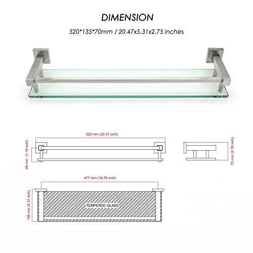 Bathroom Shelves Rectangle Tempered Glass Shelf SUS304 Stainless Steel with rail Lavatory Shower Caddy Floating Wall-Mount Home Decor Holder,20.5x5.3 inches Brushed Finish,1 Shelf with Hardware