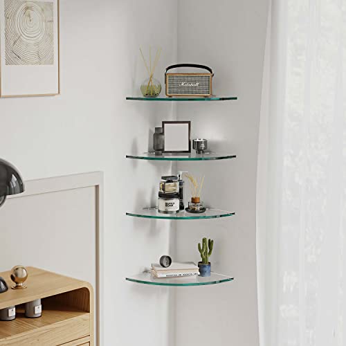 AlaKong Set of 4 Bathroom Corner Glass Shelf Tempered Glass Shelves for Shower Wall Corner Caddy Basket Triangle Wall Shower Shelf Shampoo Bottle Holder No Drilling Adhesive Wall Mount Bathroom Shelf