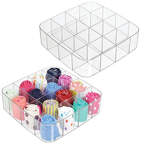 mDesign Plastic Closet Accessory Drawer Organizer for Dresser, Closet, Bedroom, Bathroom, Entryway, Office - Store Belts, Ties, Socks, Watches - 16 Sections- 2 Pack - Clear