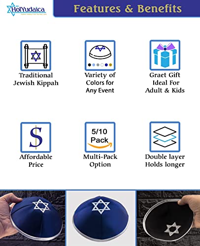 HolYudaica Pack of 10-Pcs Hq 20cm Satin Kippah with Silver/Gold String+Star of David for Men & Boys, Yamaka Hat from Israel, Kippot Bulk (Blue Silver)