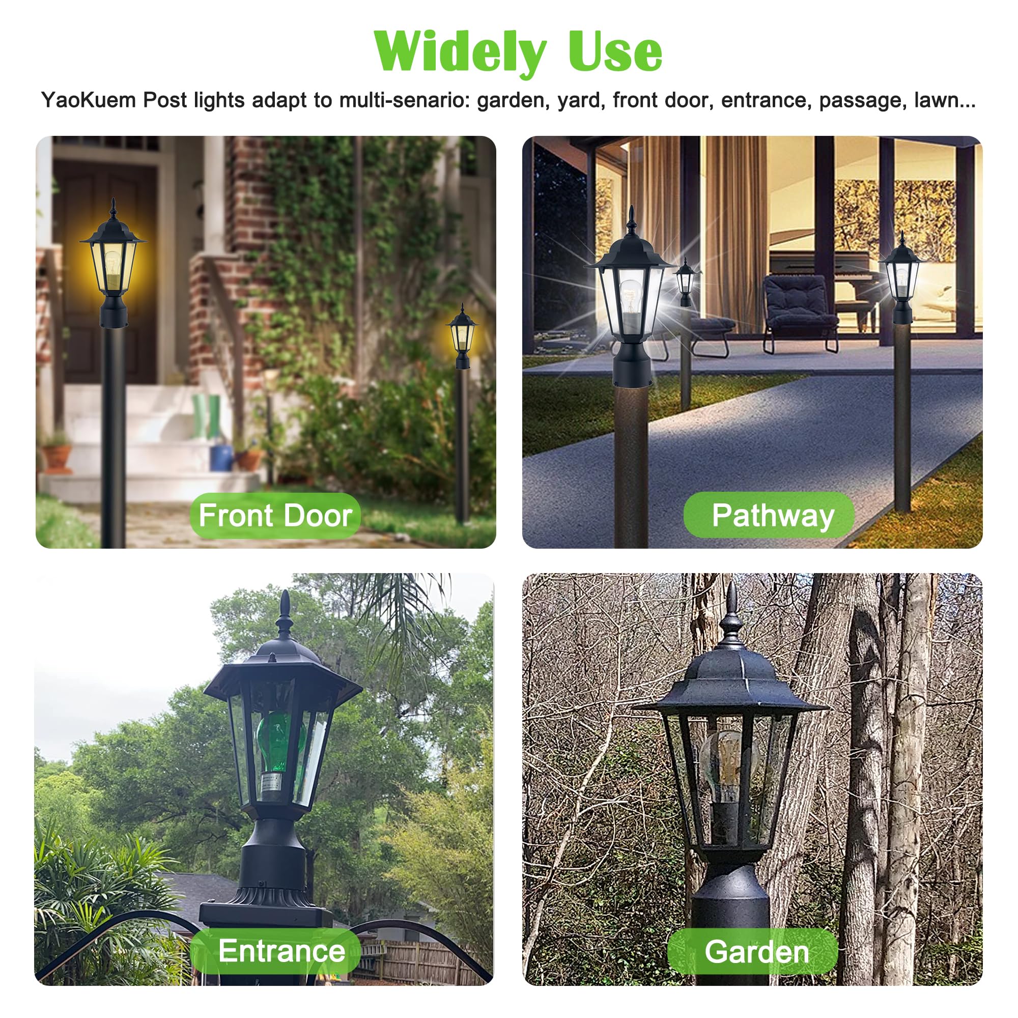 YaoKuem Outdoor Post Light, Pole Lantern, E26 Base 60W Max, Aluminum Housing Plus Glass, Wet Location Rated, Bulbs not Included, Matte Black, 1 Pack