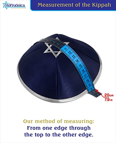 HolYudaica Pack of 10-Pcs Hq 20cm Satin Kippah with Silver/Gold String+Star of David for Men & Boys, Yamaka Hat from Israel, Kippot Bulk (Blue Silver)