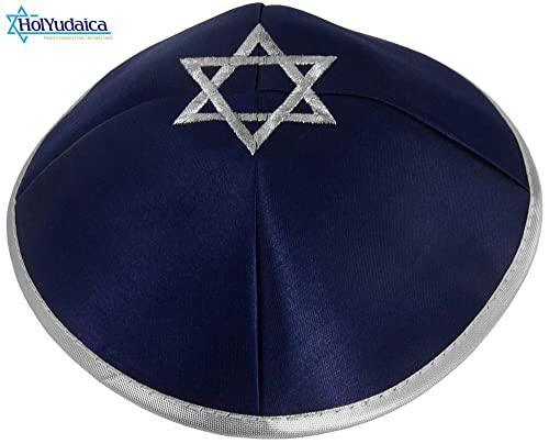 HolYudaica Pack of 10-Pcs Hq 20cm Satin Kippah with Silver/Gold String+Star of David for Men & Boys, Yamaka Hat from Israel, Kippot Bulk (Blue Silver)