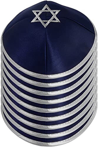 HolYudaica Pack of 10-Pcs Hq 20cm Satin Kippah with Silver/Gold String+Star of David for Men & Boys, Yamaka Hat from Israel, Kippot Bulk (Blue Silver)