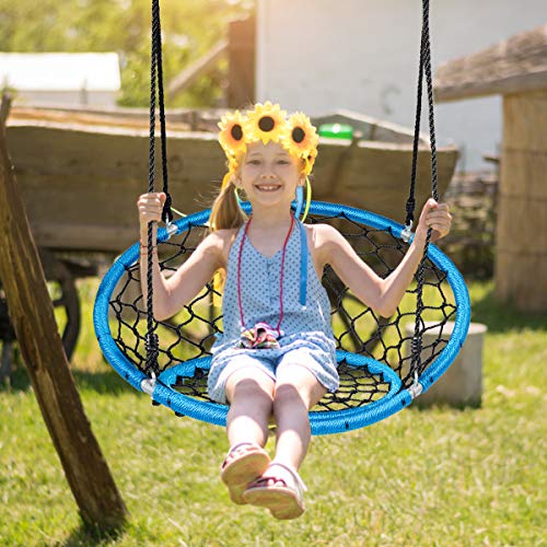 Costzon Web Chair Swing, Kids Tree Swing Set, Net Hanging Swing Chair with Adjustable Hanging Ropes and Durable Steel Frame, Kids Play Equipment Great for Park Backyard (Blue)