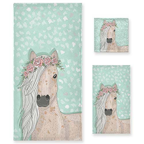 Flower Horse Towel Bathroom Sets Animal Poney Towel Set of 3 Blue Soft Highly Absorbent Towels 1 Bath Towel 1 Hand Towel 1 Washcloth for Kitchen Beach Gym Spa Decorative