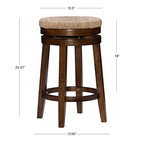 Powell Maya Walnut Backless Counter Stool with Woven Seagrass Swivel Seat