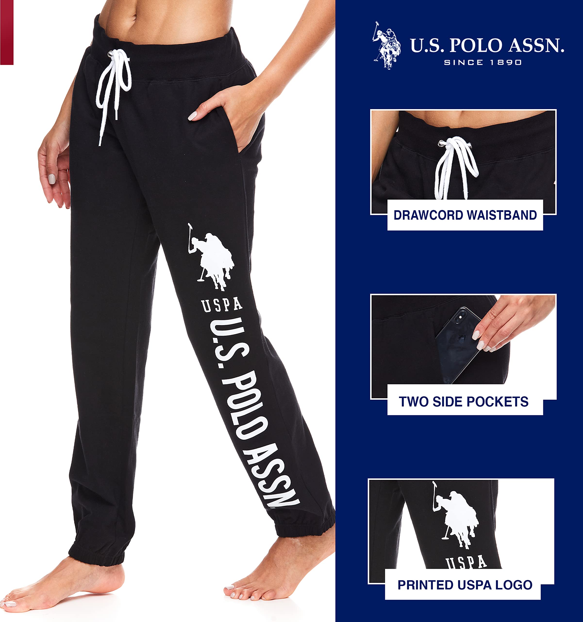 U.S. Polo Assn. Essentials Black Sweatpants with Pockets, Comfy, Breathable French Terry Womens Joggers (Black, Small)