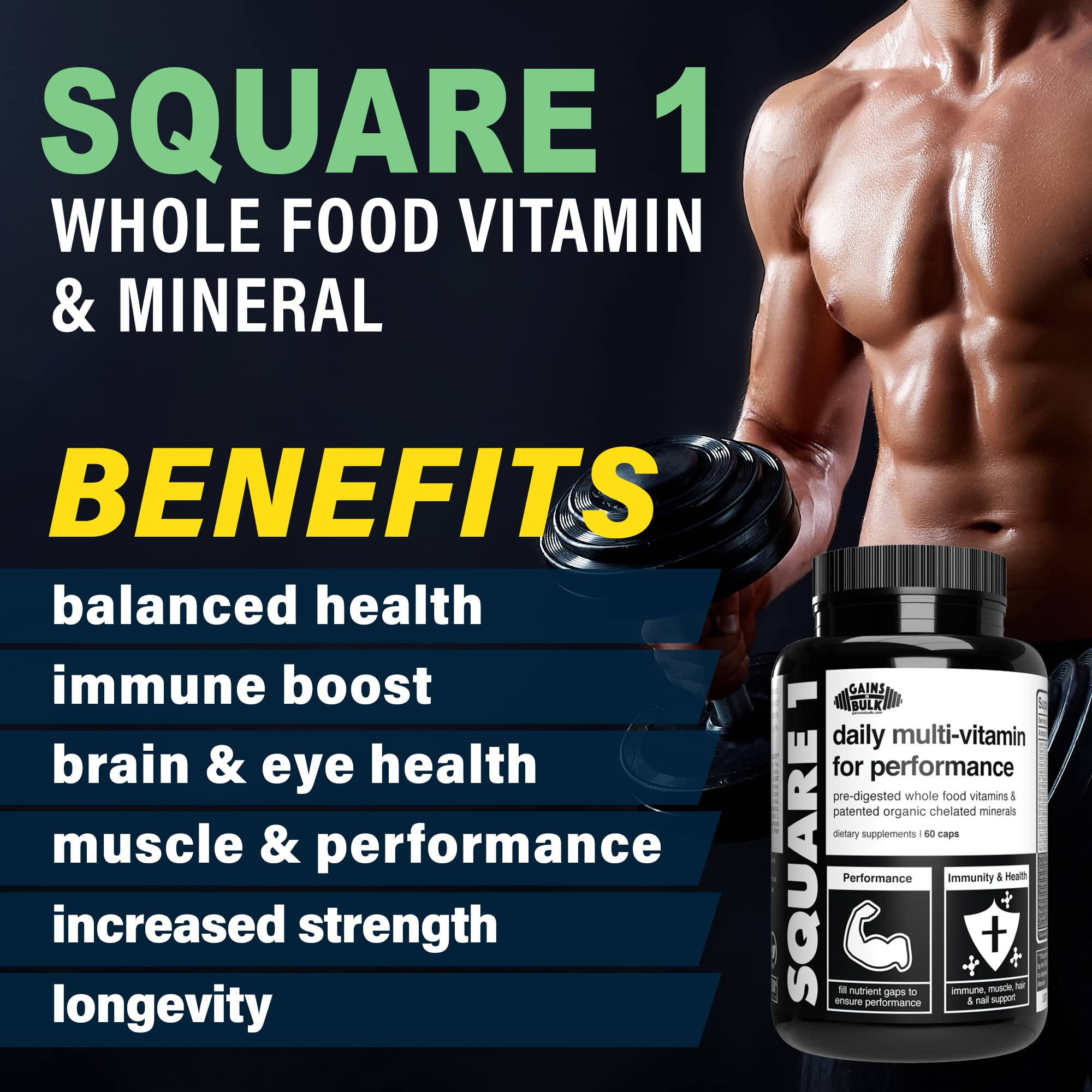 Gains in Bulk Square 1 - Whole Food Complete Daily Multi-Vitamin and Mineral Supplement to Fill Nutrient Gaps & optimize Performance | 60 Capsules