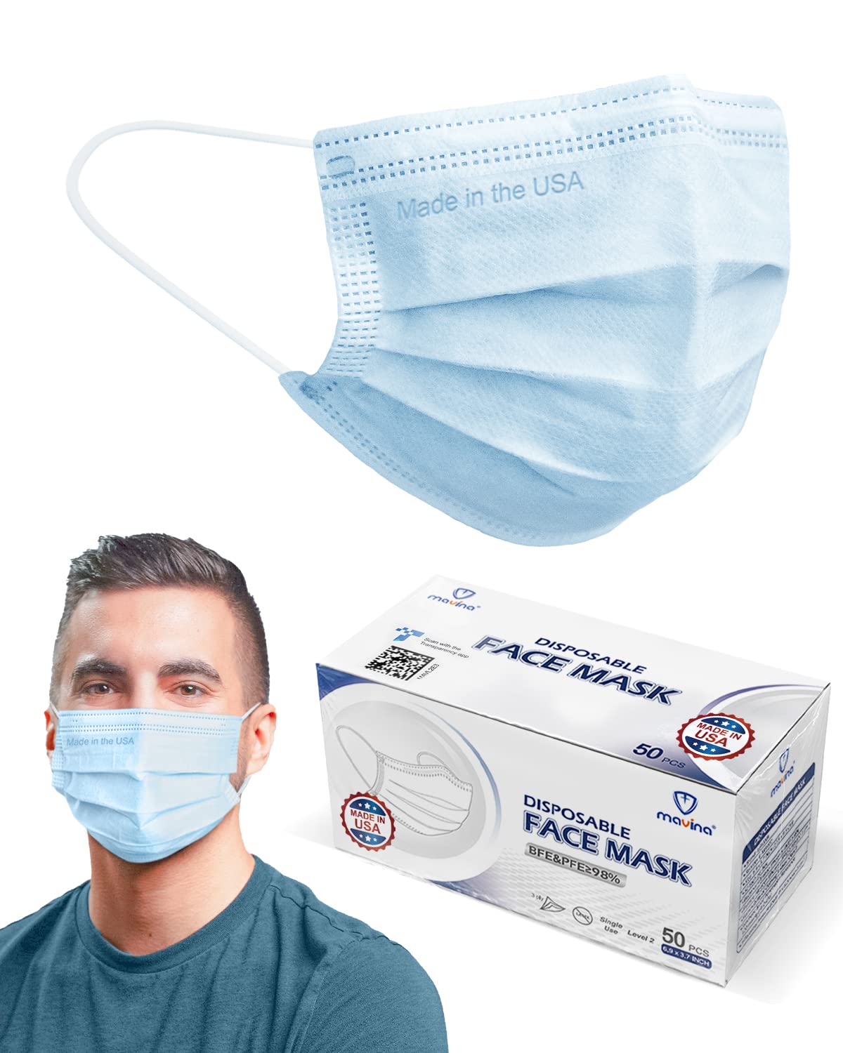 MAVINA Adult Face Masks Disposable Made in USA, 3 Ply Face Mask Breathable ASTM Level 2 Disposable Face Masks for Adults Women Men, Blue Facemask 50 Pack
