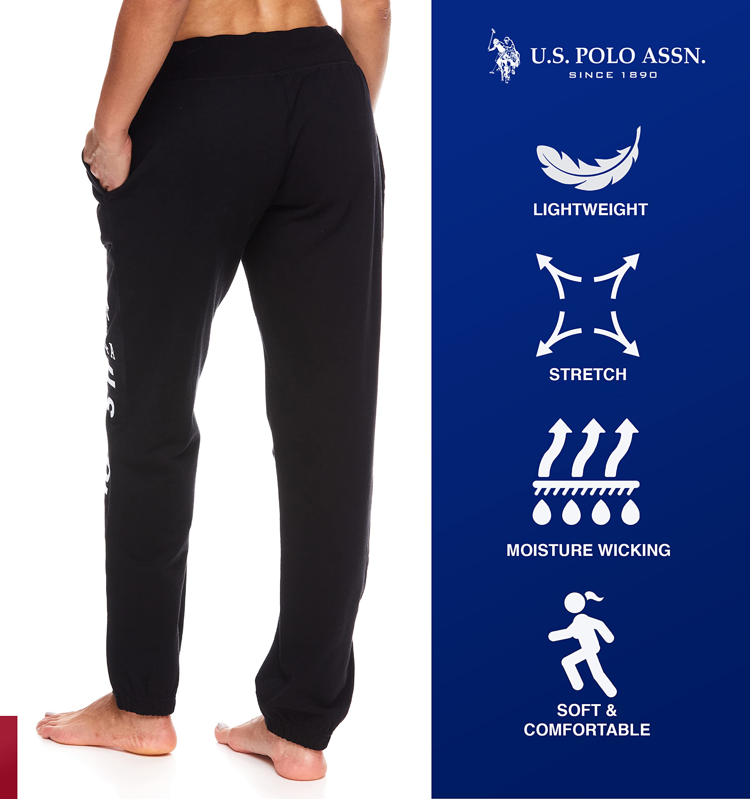 U.S. Polo Assn. Essentials Black Sweatpants with Pockets, Comfy, Breathable French Terry Womens Joggers (Black, Small)