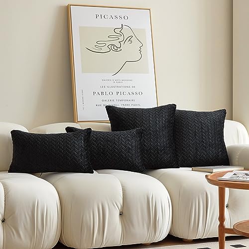 UGASA Velvet Pillow Covers Striped, Decorative Throw Cushion Case with Hidden Zipper for Home Couch/Bedroom, Soft Cozy Solid Square, 2 Packs (24"x24", Black)