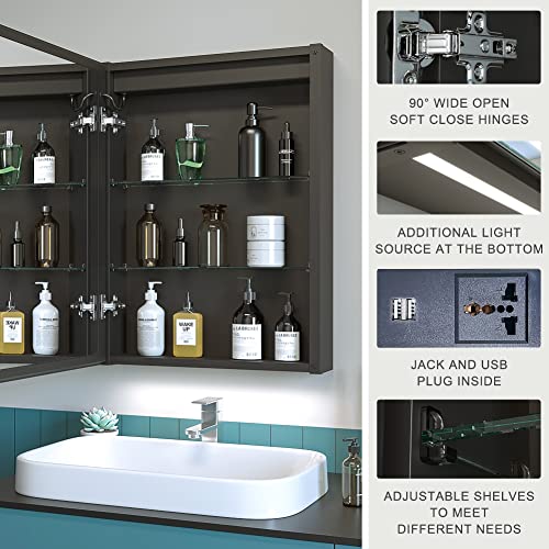 KWW 20 x 28 Inch LED Lighted Bathroom Medicine Cabinet with Mirror, Defogger, Dimmer, 3 Color Light Makeup Mirror, Outlets & USBs, Easy to Install, Wall Mounted Mirror Medicine Cabinet