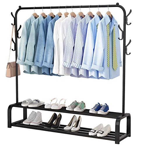 UDEAR Garment Rack Free-standing Clothes Rack with Top Rod,Lower Storage and 6 Hooks,Black