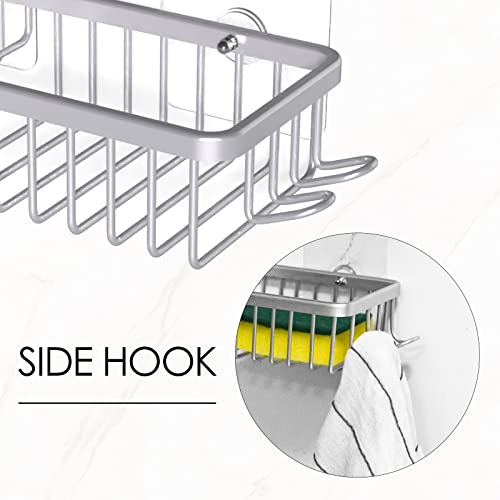Linkidea Wall Mounted Shower Caddy Shelf with Hooks and Soap Holder, Aluminum Adhesive Shower Organizer Rack, No Drilling Shower Basket for Bathroom (Silver)