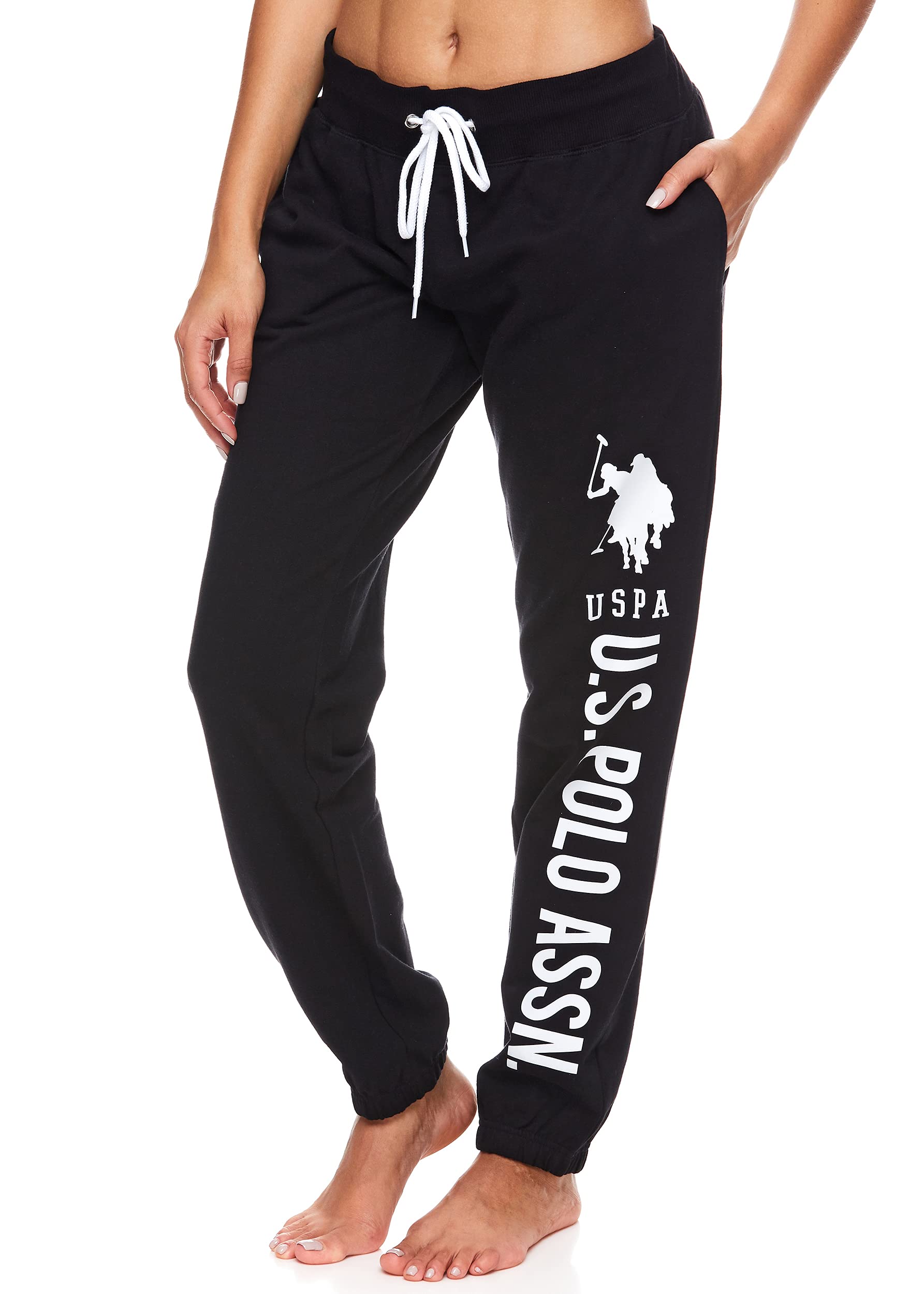 U.S. Polo Assn. Essentials Black Sweatpants with Pockets, Comfy, Breathable French Terry Womens Joggers (Black, Small)