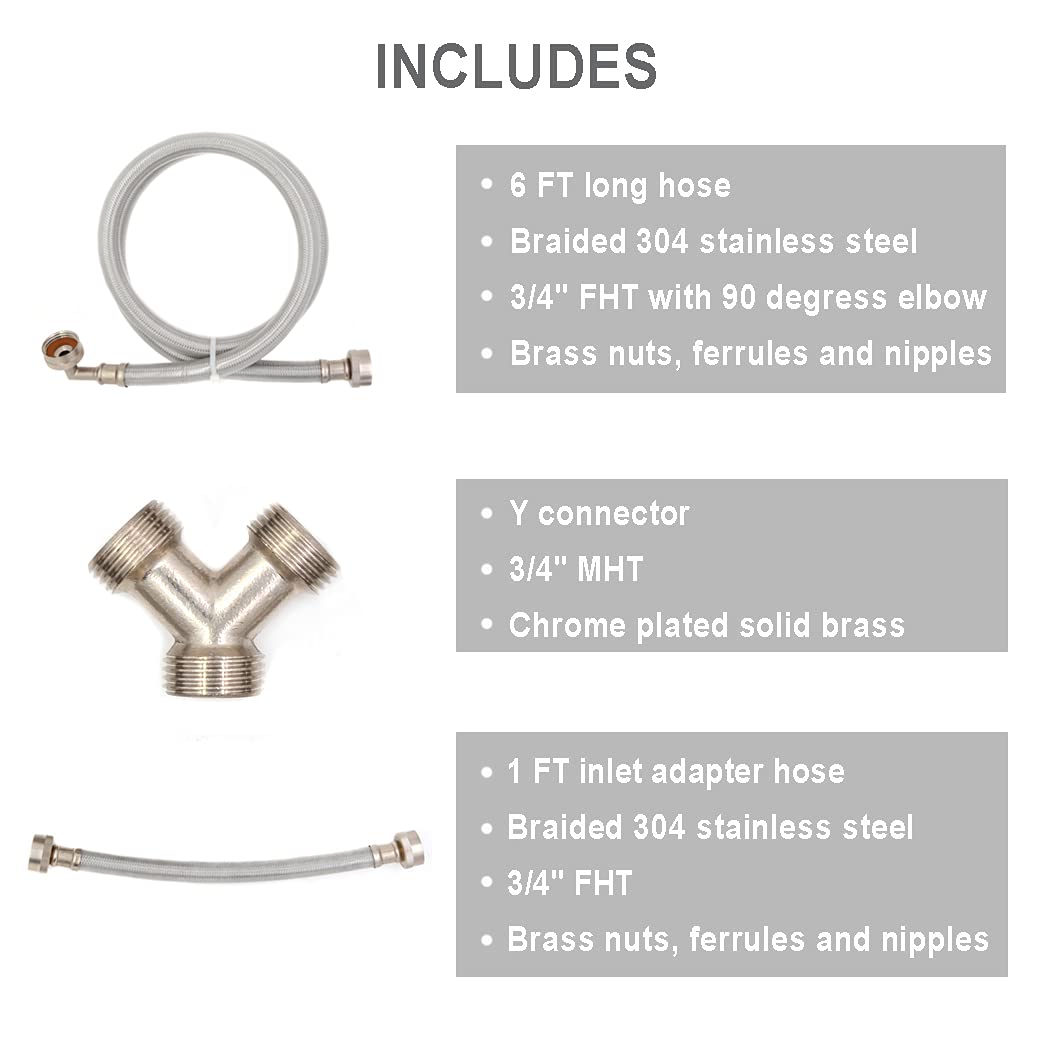 TT FLEX Steam Dryer Hose Installation Kit - Braided Stainless Steel Hoses - 6 ft Long with 3/4" FHT 90 Degree Elbow,1 ft Inlet and Y Connector