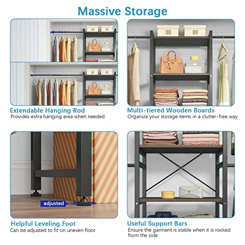 Timate P6i Heavy Duty Garment Rack Clothes Rack Adjustable Walk in Closet Organizer System Wall Mounted Closet Organizer Kit Expandable Hanging Rod 5-Tier Closet Storage Shelves, Fit 6-9ft Space Black